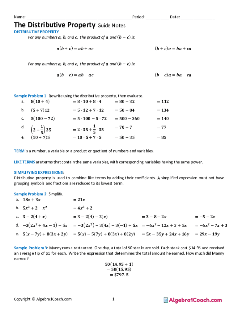 Fillable Online Distributive Property - Elementary Math - Steps ...