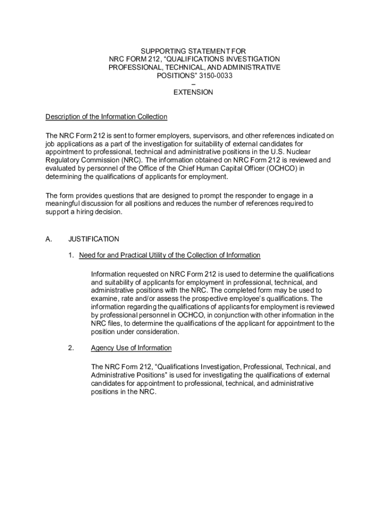 Fillable Online supporting statement for nrc form 212, qualifications ...