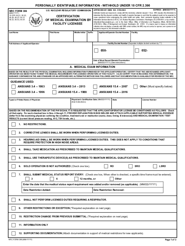 Fillable Online NRC Form 396Certification Of Medical Examination By ...