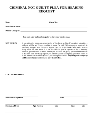 criminal not guilty plea for hearing request Doc Template | pdfFiller