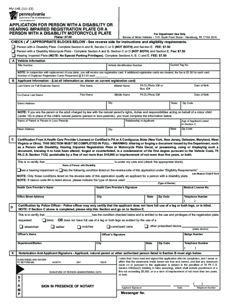 Fillable Online Pa Mv145 Form. Pennsylvania Department of ...