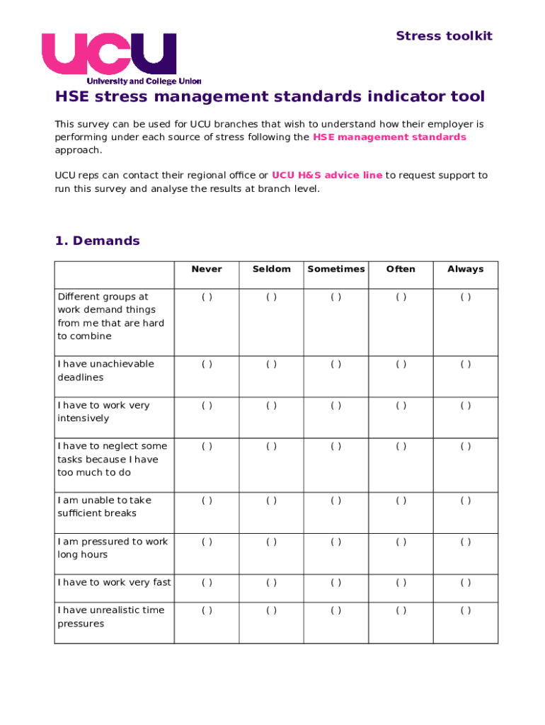 Surveys for work related stress in the workplace Doc Template | pdfFiller