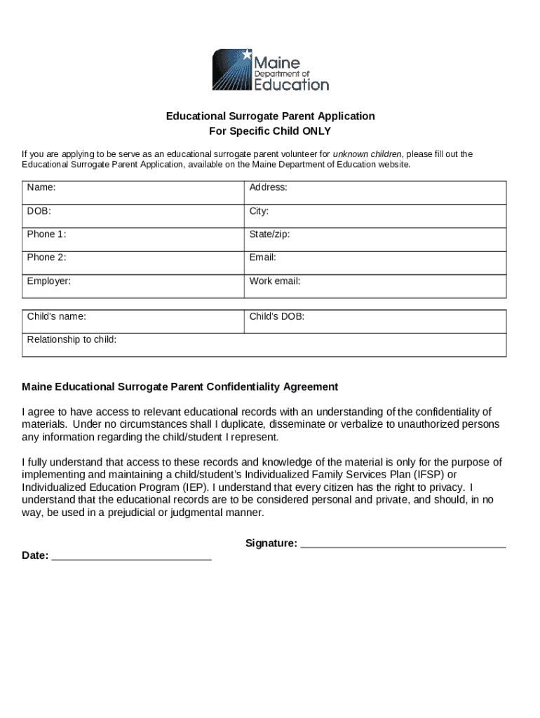 Educational Surrogate Parent Volunteer Application Doc Template | pdfFiller
