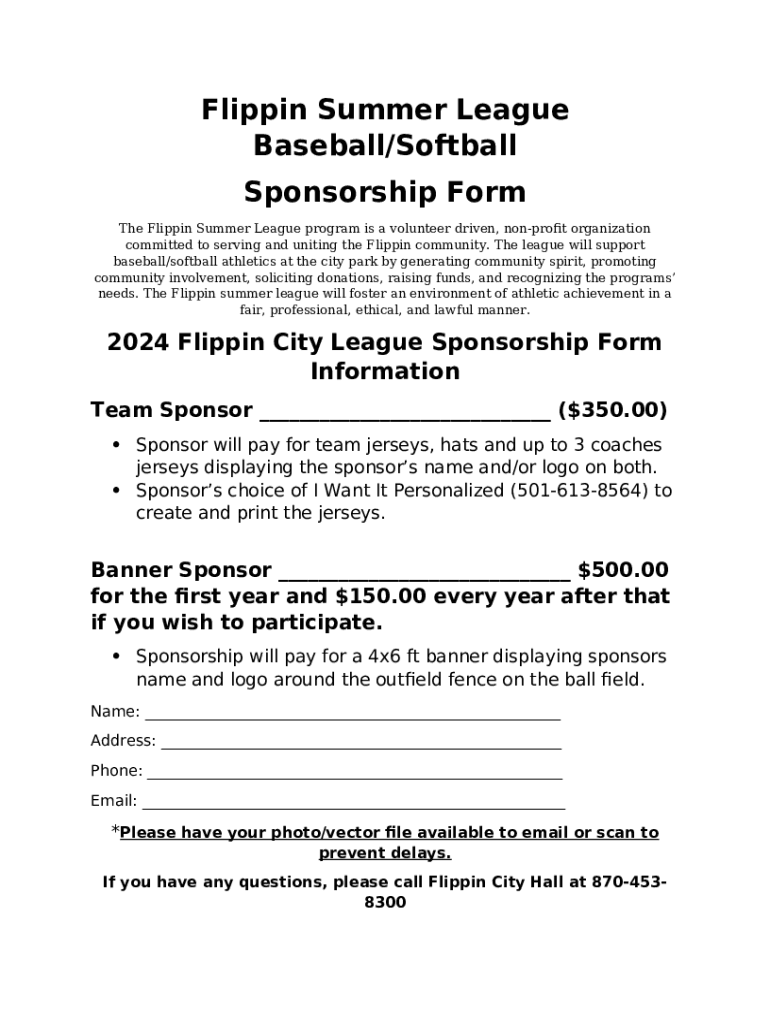 Flippin Summer League Baseball/Softball Sponsorship Doc Template | pdfFiller
