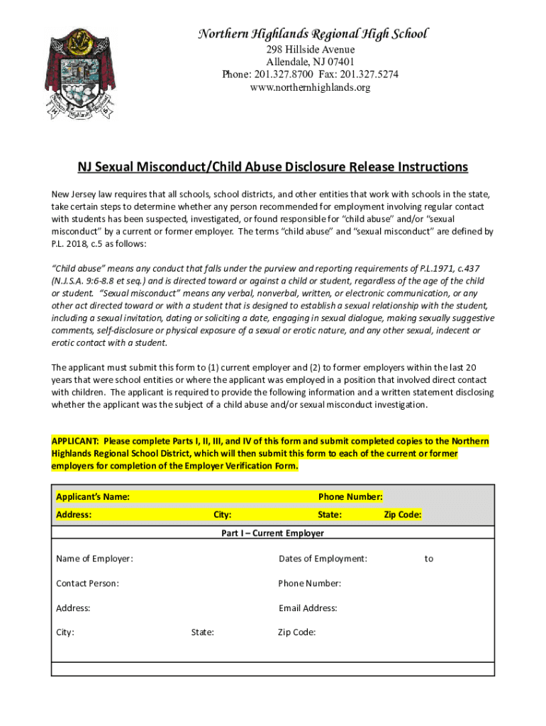 Fillable Online NJ Sexual Misconduct/Child Abuse Disclosure Release ...