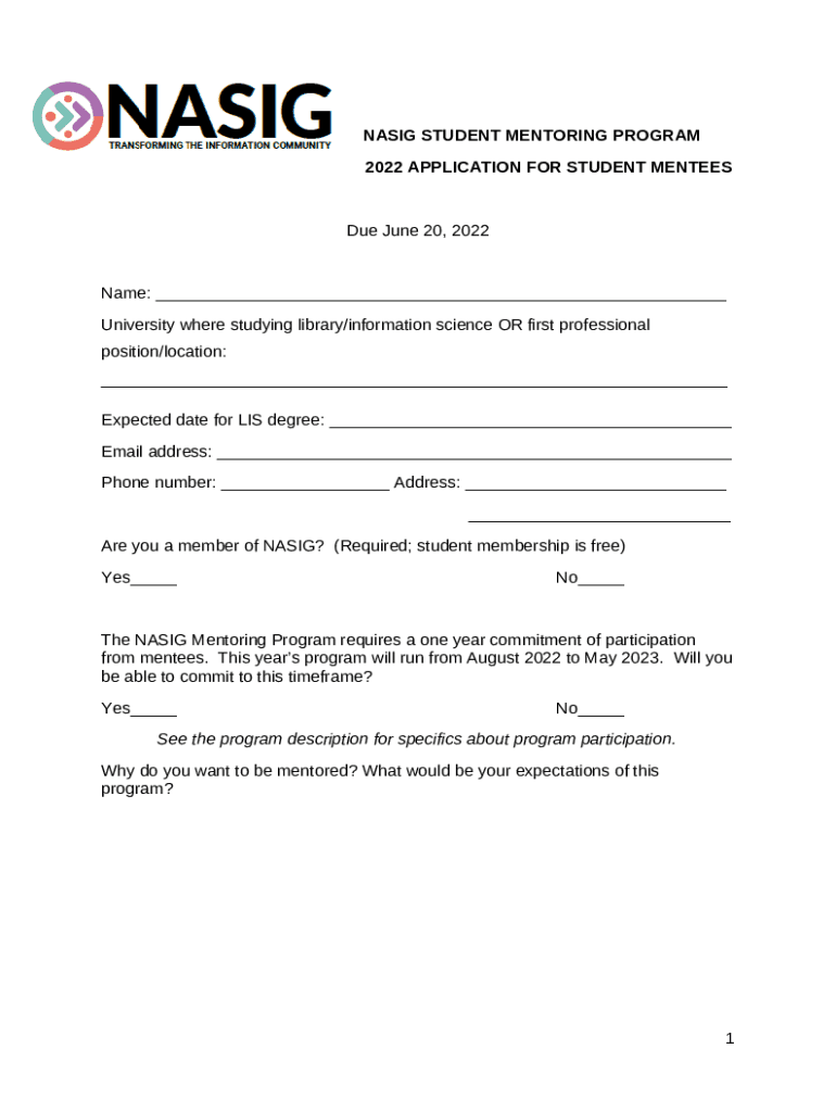 SLC Mentor ProgramDepartment of Ination Science Doc Template | pdfFiller