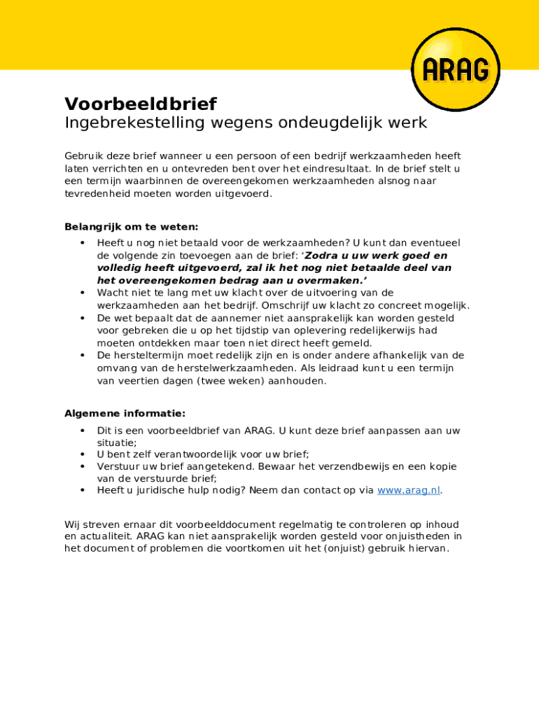 Voorbeeldbrief ingebrekestelling ondeugdelijk product Doc Template ...