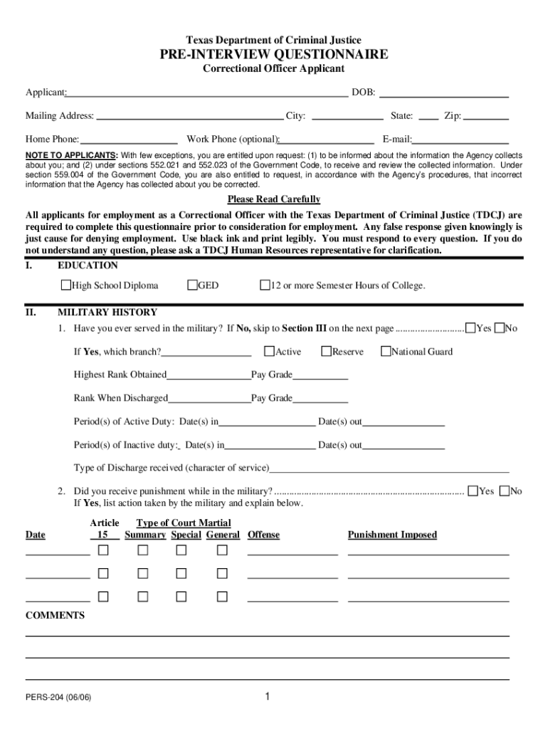 Fillable Online TDCJ Pre-Interview Questionnaire. TDCJ Pre-Interview ...