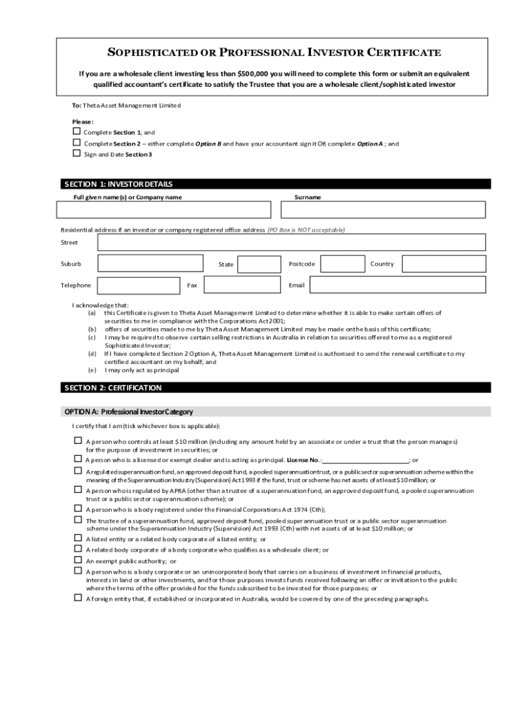 Fillable Online Sophisticated or Professional Investor Certificate Fax ...