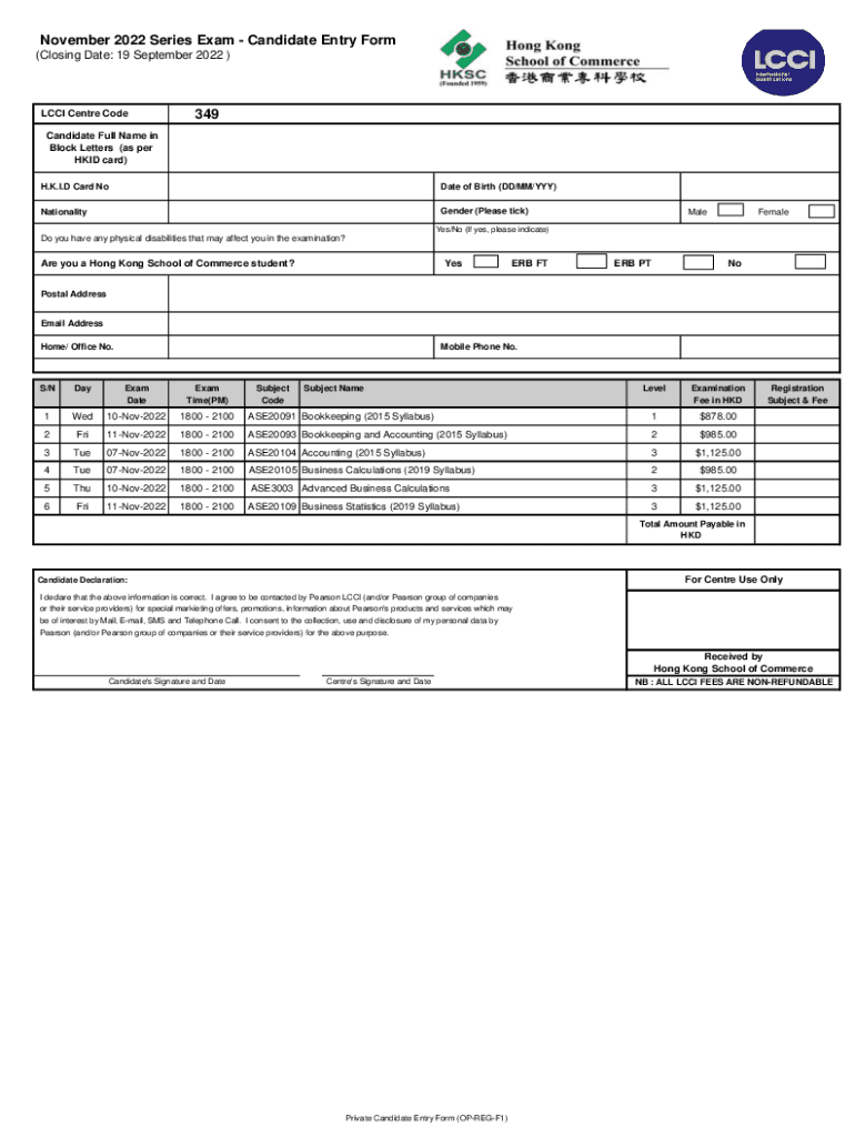 Fillable Online November 2022 Series Exam - Candidate Entry Form 349 ...