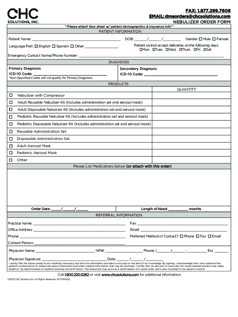 Fillable Online dmeorderschcsolutions.com NEBULIZER ORDER FORM Fax ...