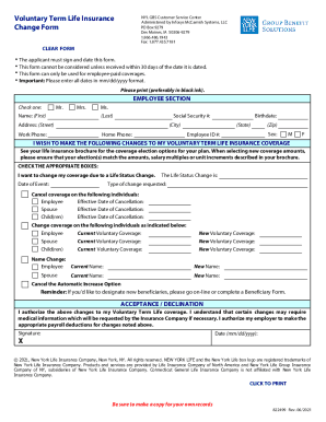 Fillable Online 822499 NYL GBS Voluntary Term Life Insurance Change ...