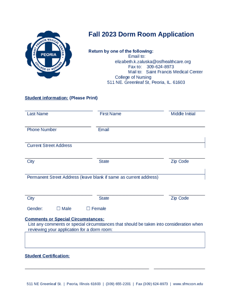 Fall 2023 Dorm Room Application Doc Template | pdfFiller