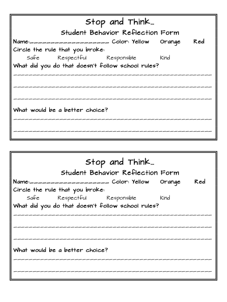 Fillable Online Stop and Think - Student Behavior Sheet Fax Email Print ...