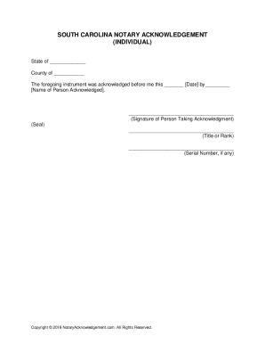 Fillable Online South Carolina Individual Notary Acknowledgement Form ...