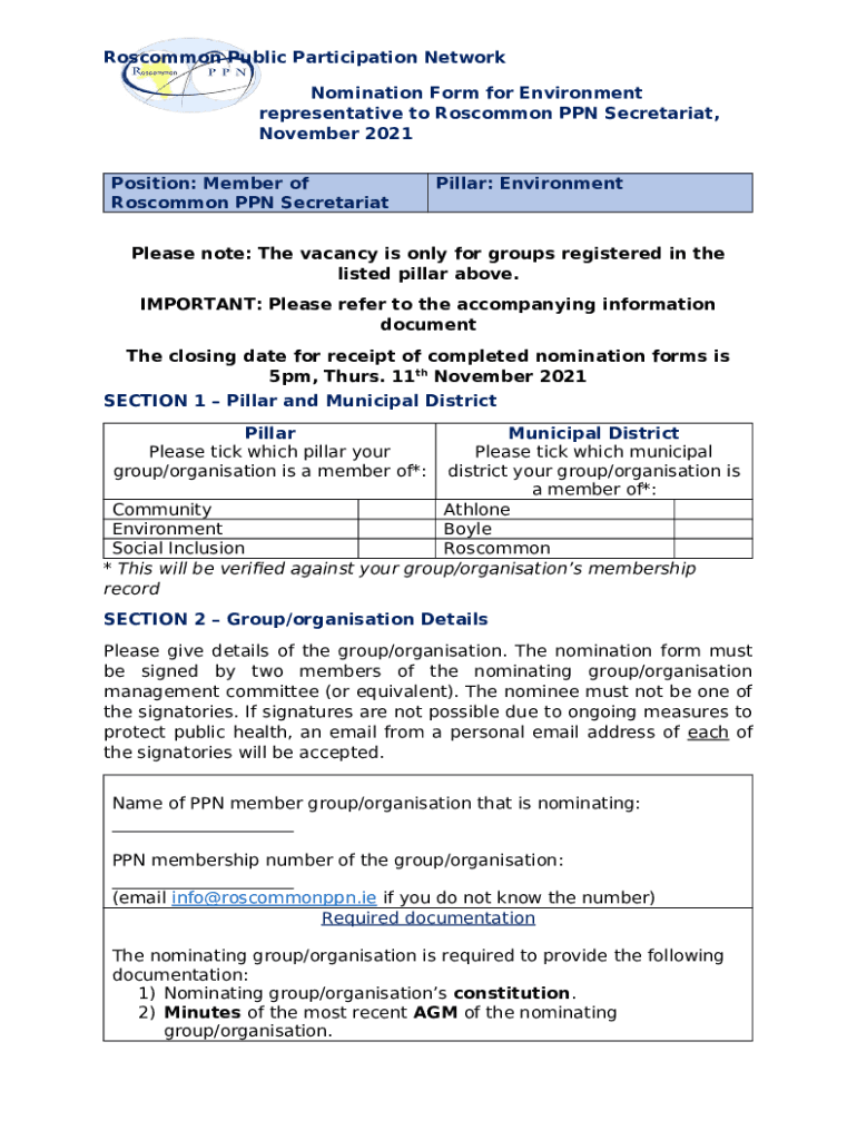 211026 Environment Secretariat PPN Nomination Doc Template | pdfFiller