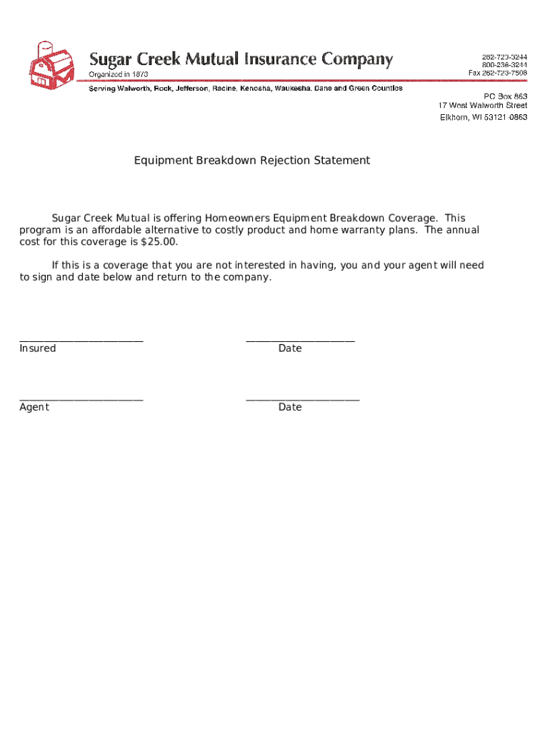 Equip Breakdown Rejection Statement Doc Template | pdfFiller