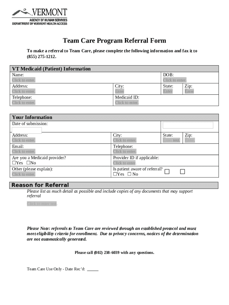 Team Care Referral - dvha vermont Doc Template | pdfFiller