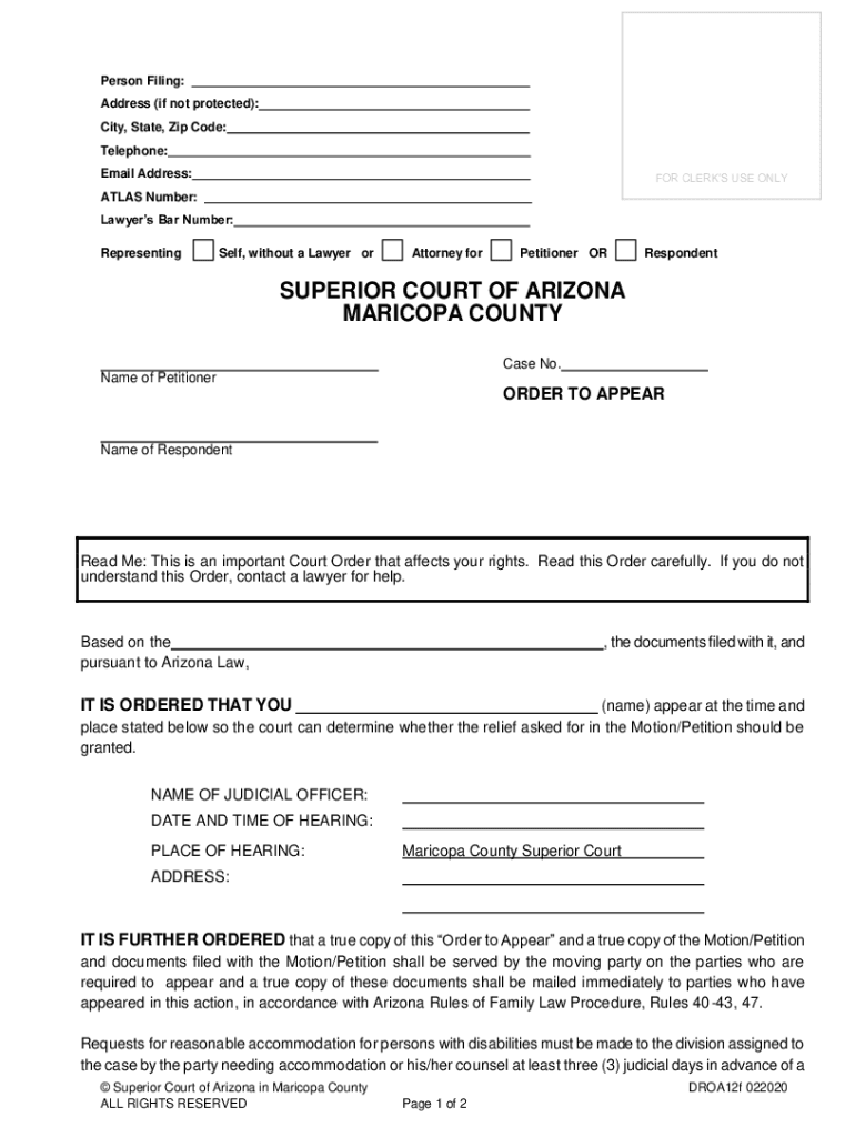 Fillable Online superiorcourt maricopa ORDER TO APPEAR; DROA12f. ORDER ...