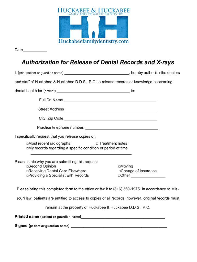 Fillable Online Request for Release of Dental Records and X-rays Fax Email Print - pdfFiller