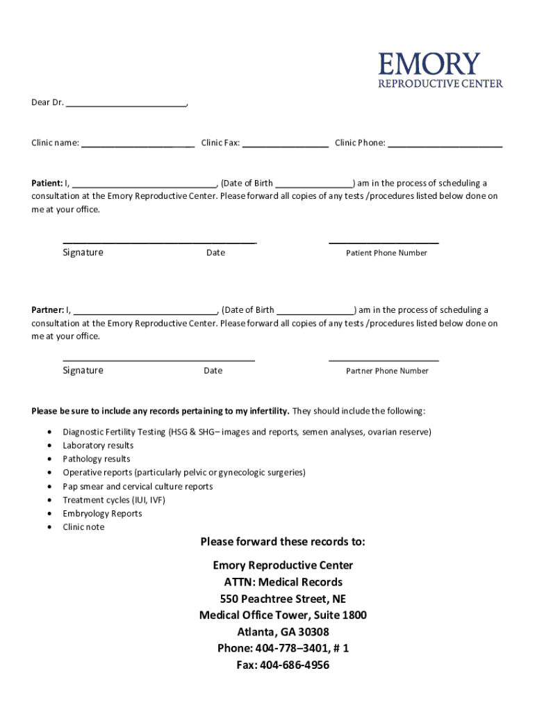 Fillable Online Emory Reproductive Center - Your First Appointment Fax ...