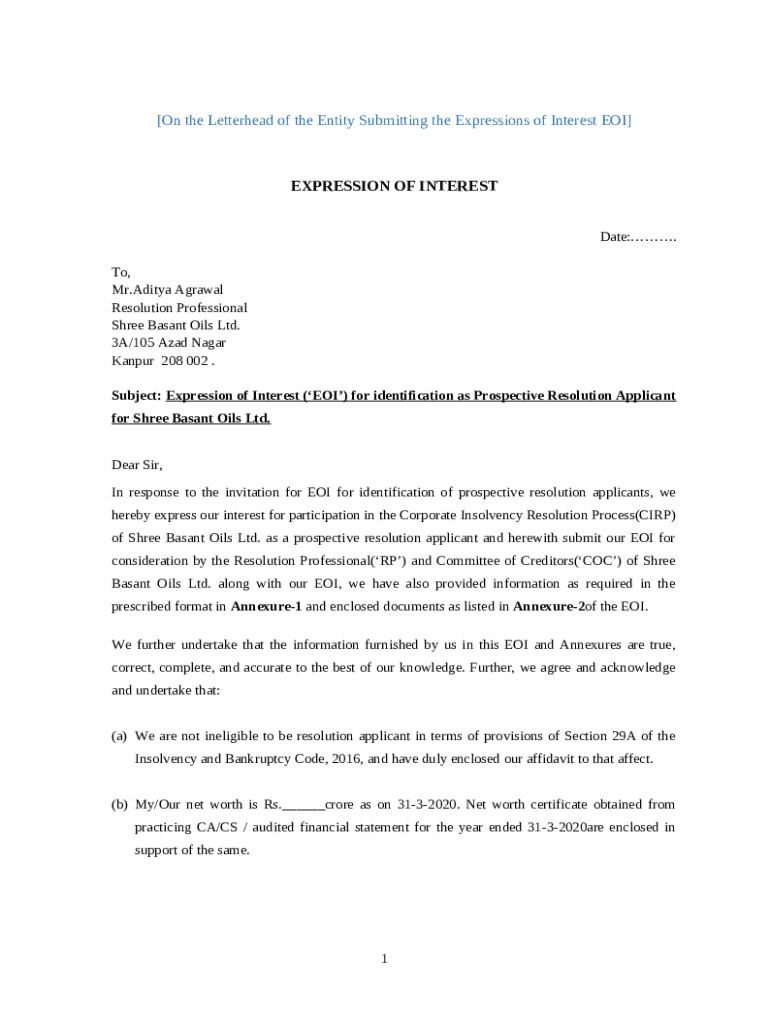 On the Letterhead of the Entity Submitting the Expressions of Interest EOI Doc Template | pdfFiller