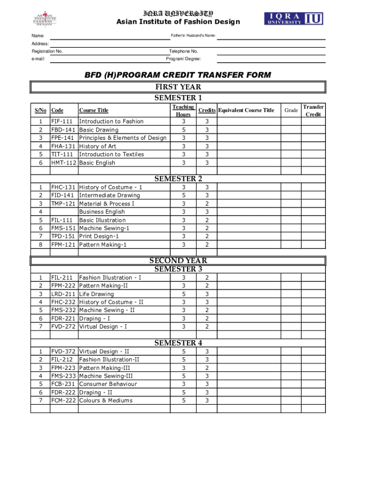 Fillable Online bfd (h)program credit transfer form first year semester ...