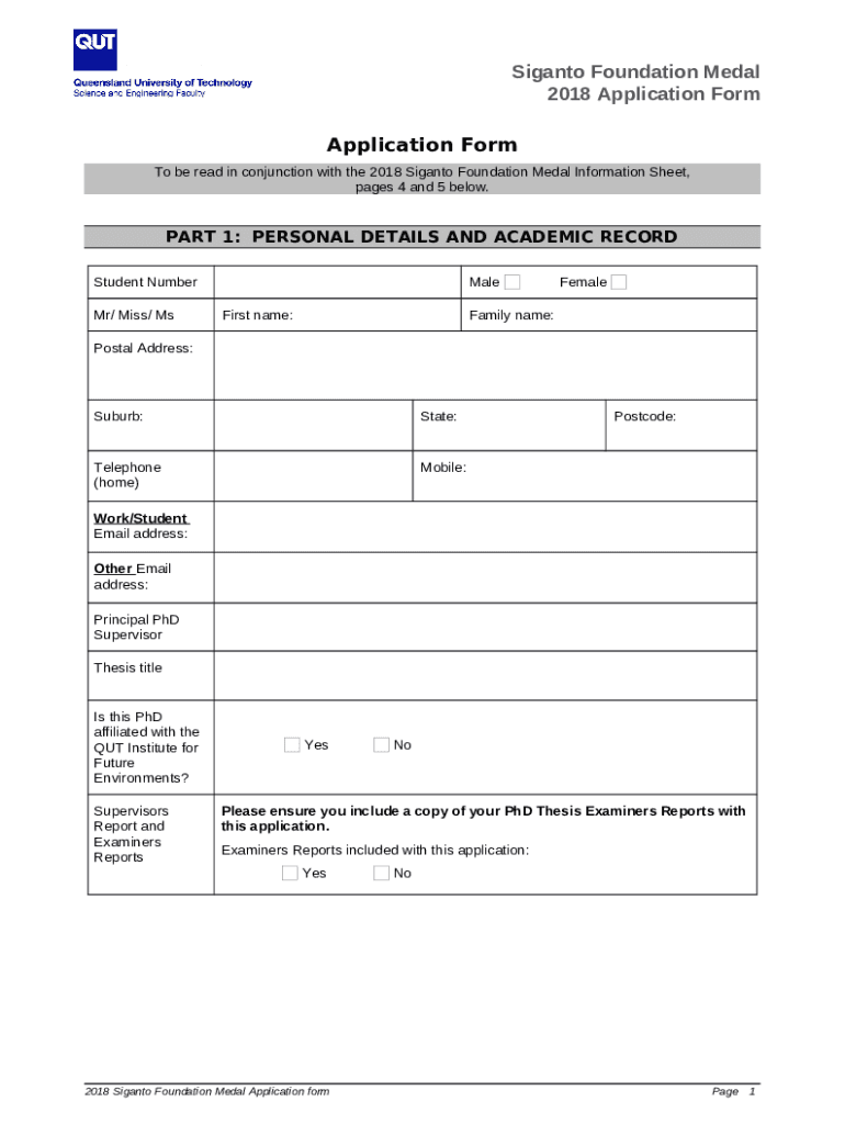 Siganto Foundation Medal application . Application for the John F Lynch ...