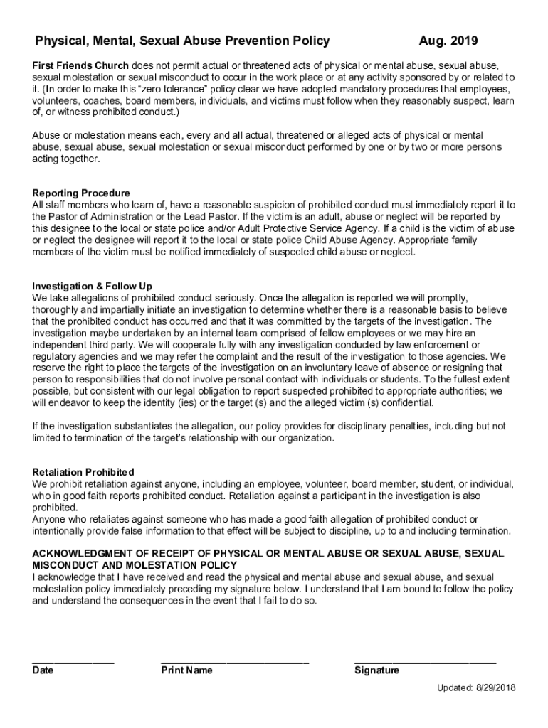 Fillable Online Policy Manual: Sexual Abuse and Misconduct Prevention ...