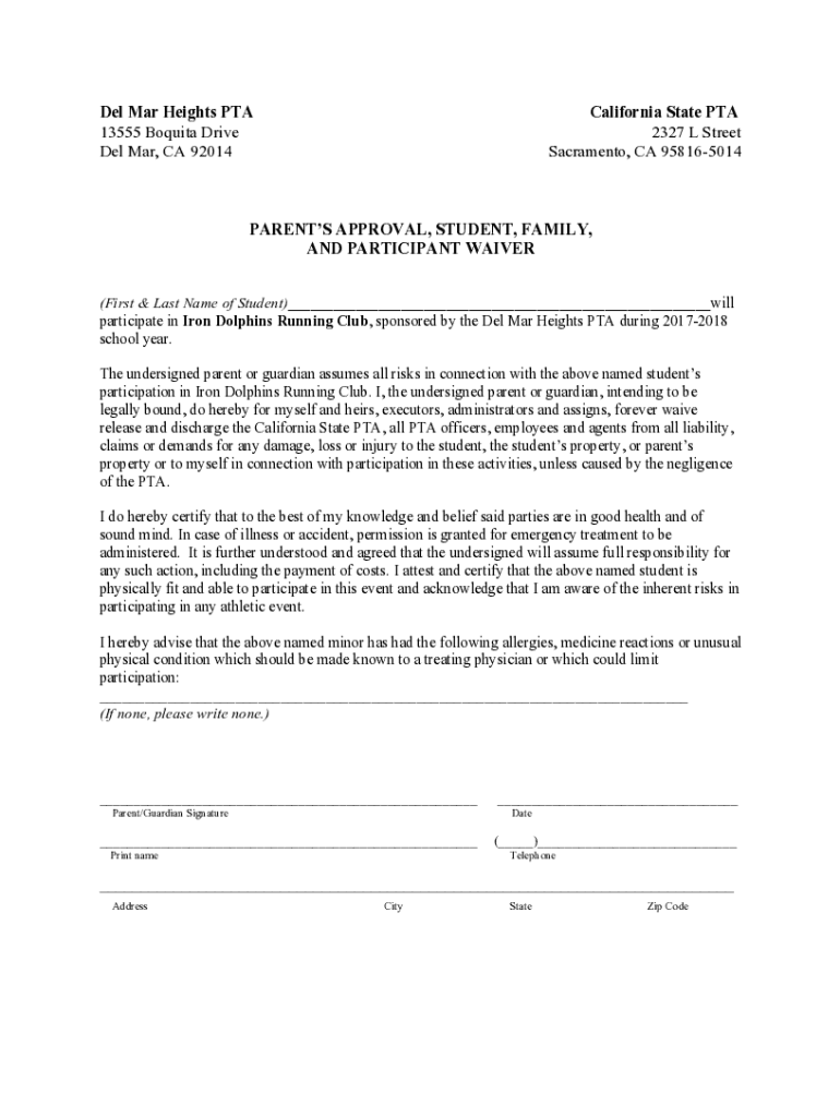 Fillable Online Del Mar Heights PTA California State PTA 13555 Boquita ...