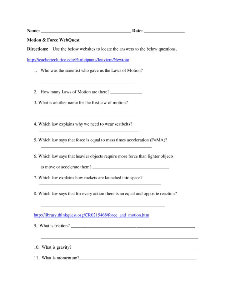 Fillable Online Motion & Force WebQuest Directions: Use the below Fax ...