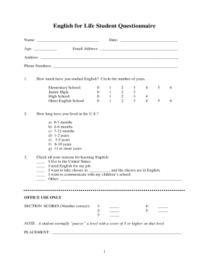 Fillable Online English for Life Student Questionnaire Fax Email Print ...