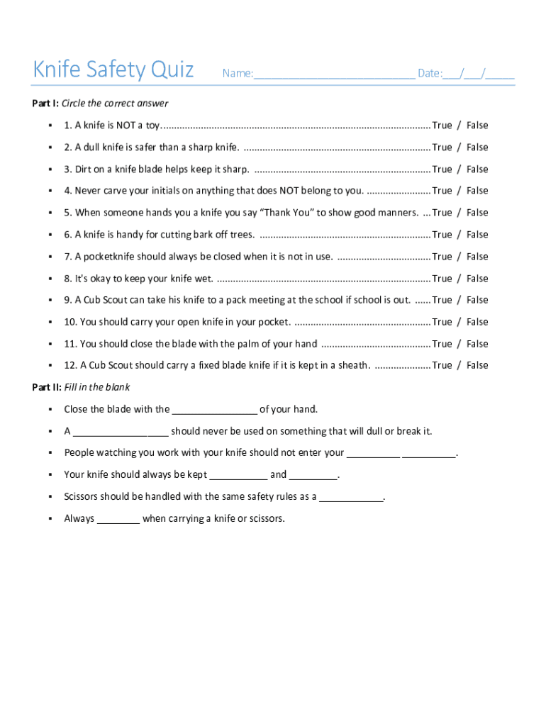Fillable Online Copy of Knife Safety Worksheet - Knife Safety 1. A ...