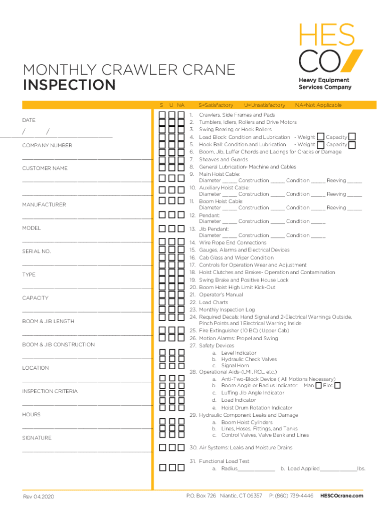 Fillable Online MONTHLY CRAWLER CRANE INSPECTION RECORD Fax Email Print - pdfFiller