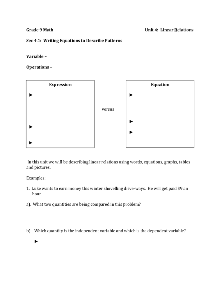 Fillable Online 4.1: Writing Equations to Describe Patterns Worksheet ...