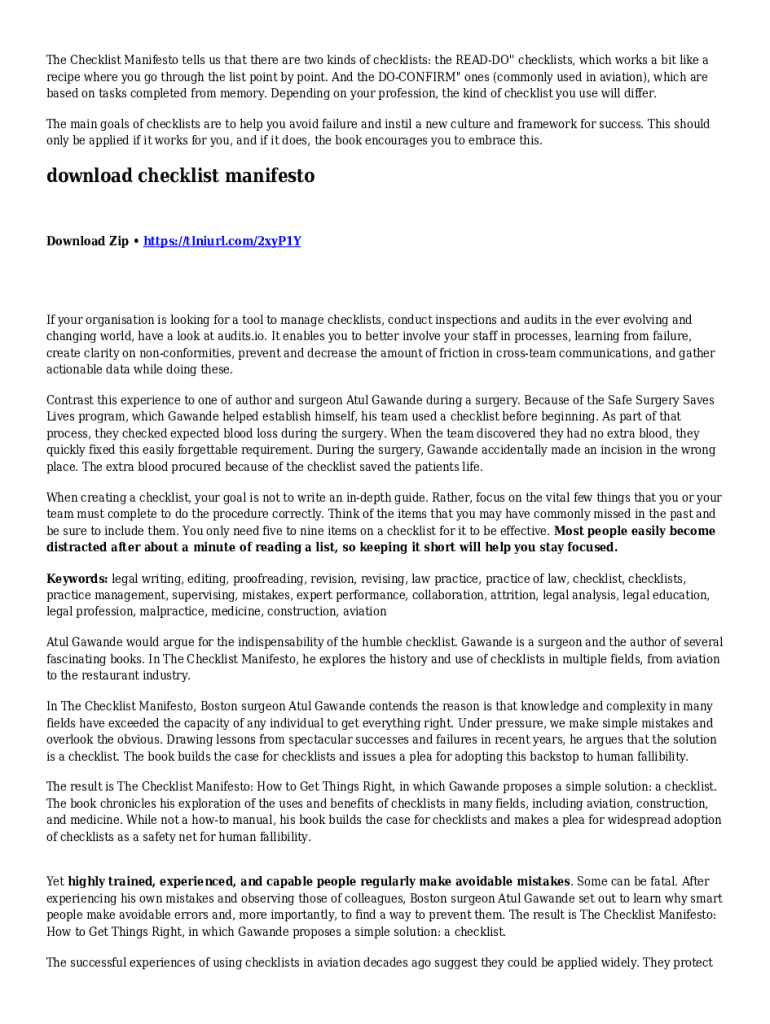 Fillable Online Two types of checklists: Read-Do, Do-Confirm Fax Email Print - pdfFiller