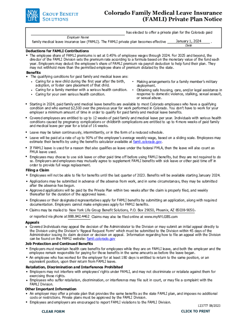 Fillable Online 123777 CO FAMLI Private Plan Workplace Notice. 123777 ...