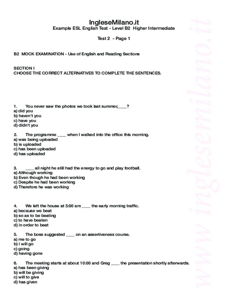 Fillable Online ESL B2 Level MCQ Test With Answers HIGH INTERMEDIATE ...