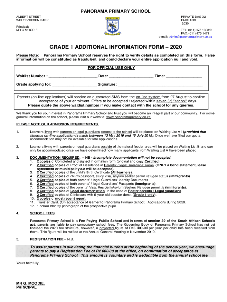 Fillable Online GRADE 1 ADDITIONAL INFORMATION FORM2020 Fax Email Print - pdfFiller