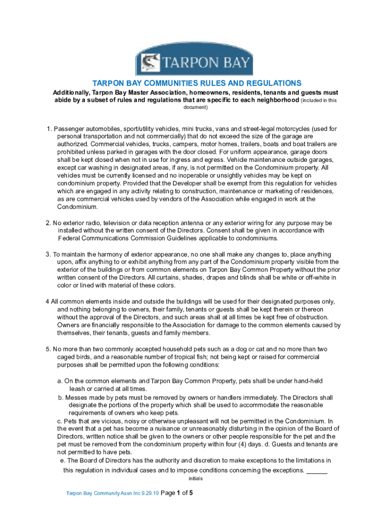 Fillable Online tarpon cove condominium association inc. rules and ...