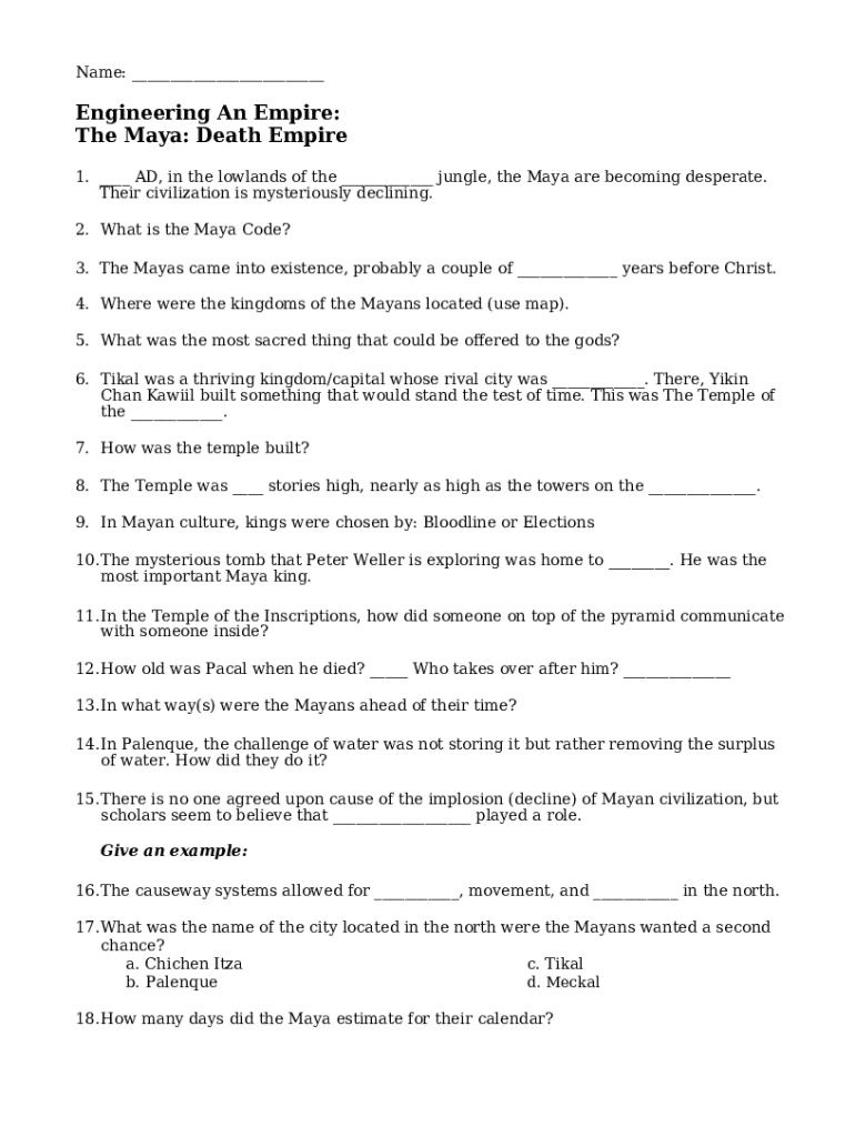 Engineering An Empire The Maya Worksheet Answer Key Doc Template ...