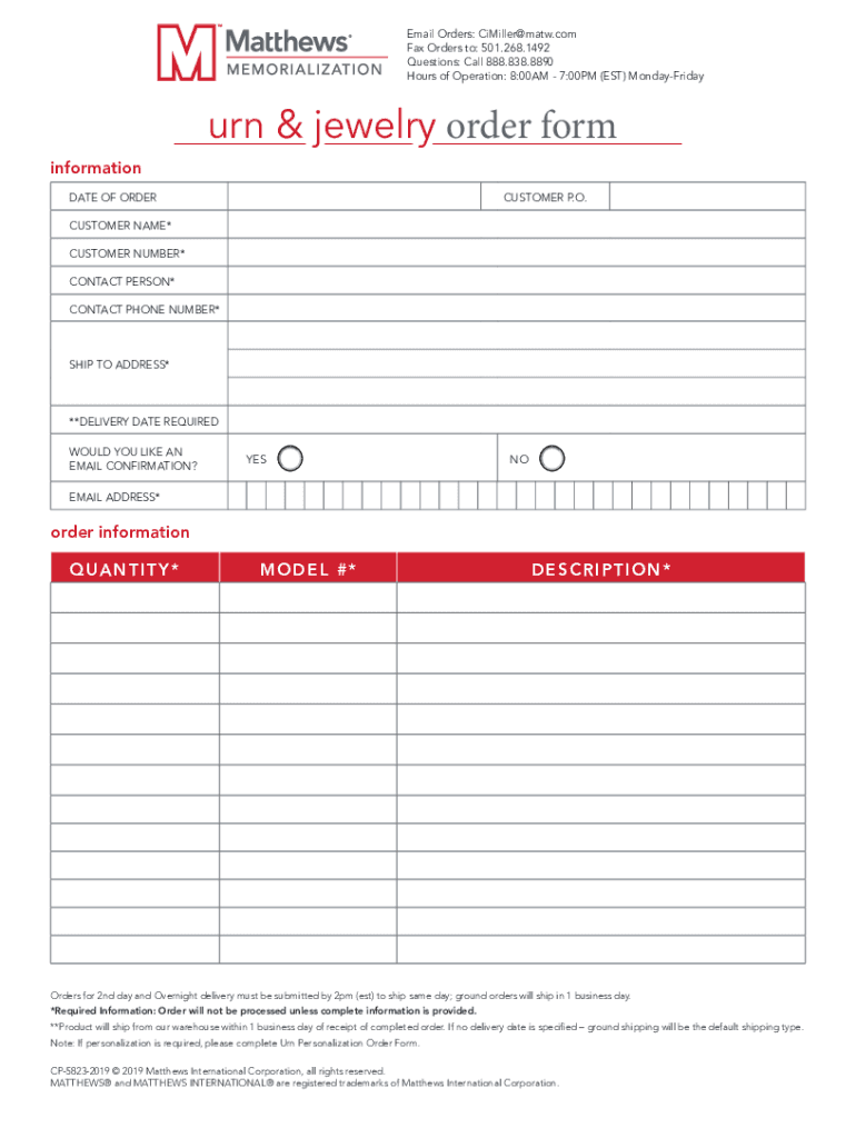 Fillable Online urn & jewelry order form Fax Email Print - pdfFiller
