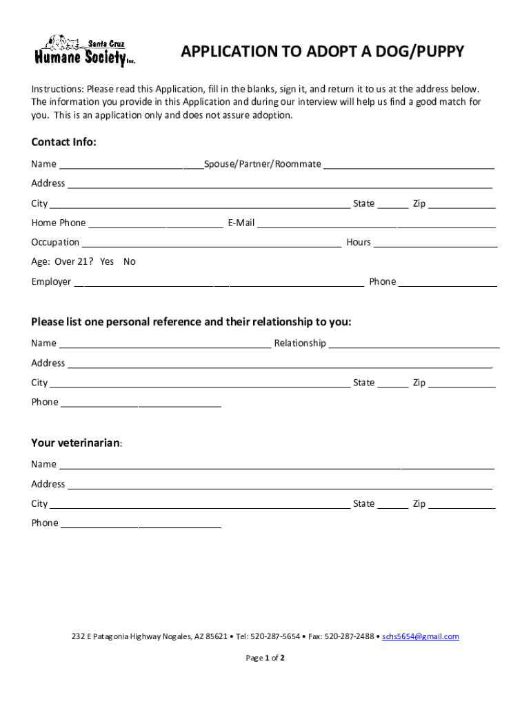Fillable Online Dog adoption application - philly rescue angels Fax ...