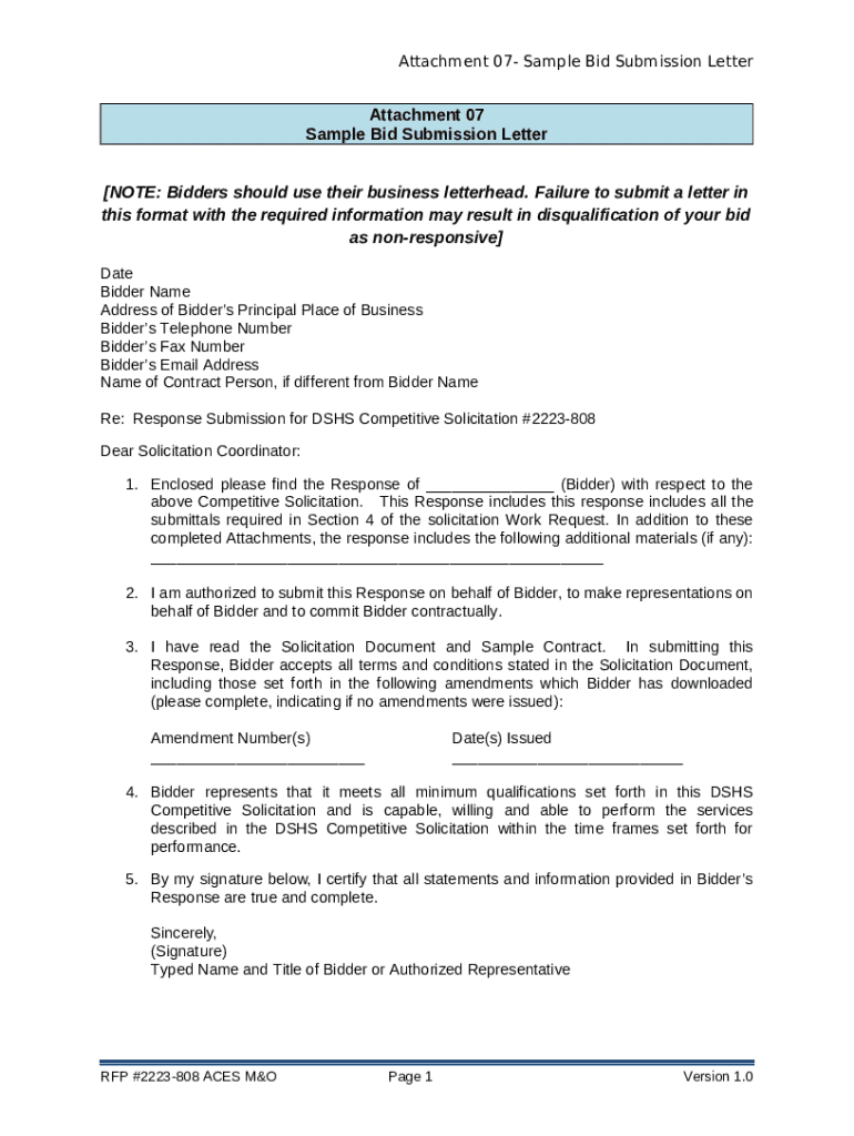 2223-808 Attachment 07 Sample Bid Submission Letter Doc Template | pdfFiller