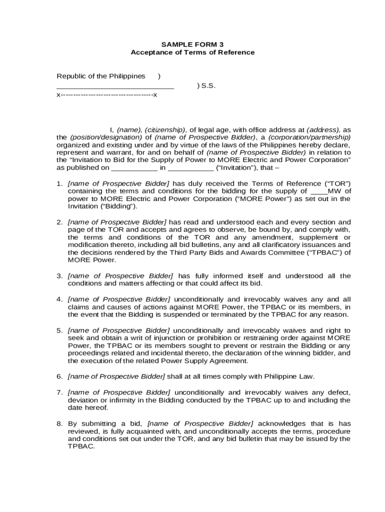 Sample 3 Acceptance of TOR Doc Template | pdfFiller