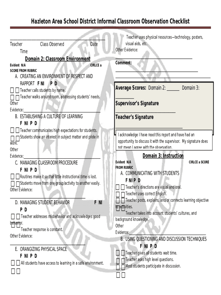 Hazleton Area School District Inal Classroom Observation Checklist Doc ...