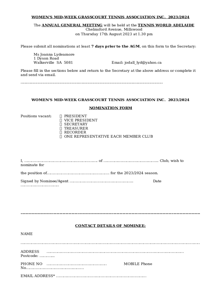 KENSINGTON GARDENS BOWLING & TENNIS CLUB. AGM notice Doc Template ...