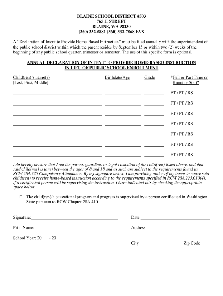 Fillable Online Homeschool Intent Form Fax Email Print - pdfFiller