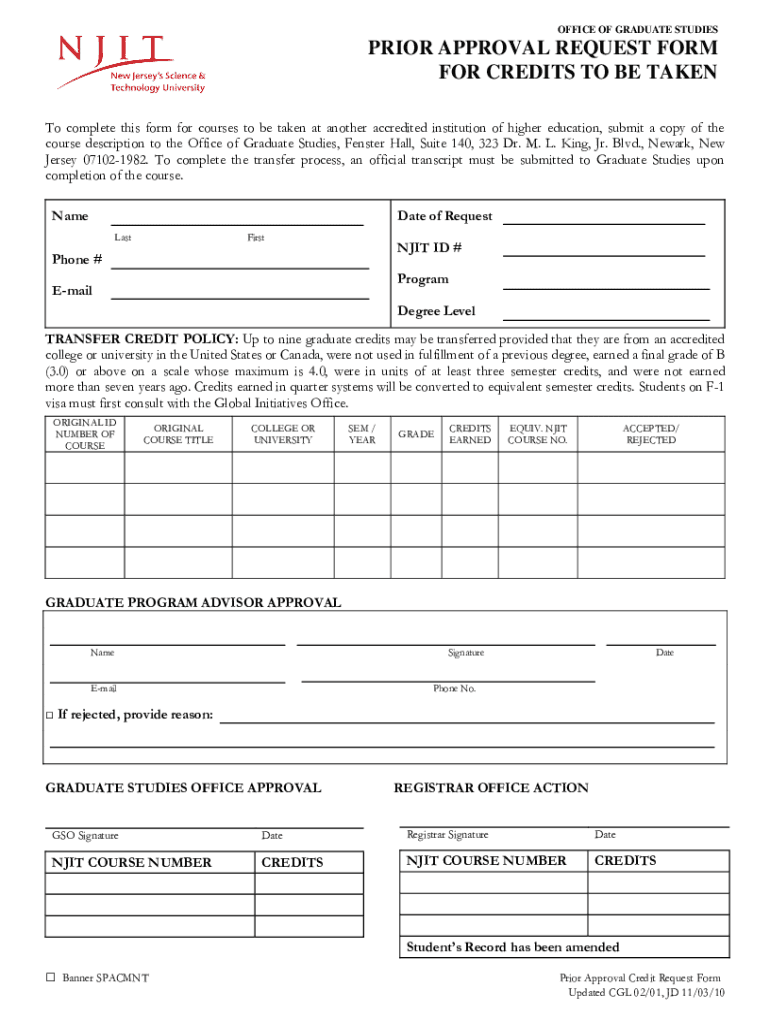 Fillable Online prior approval request form for credits to be taken Fax ...