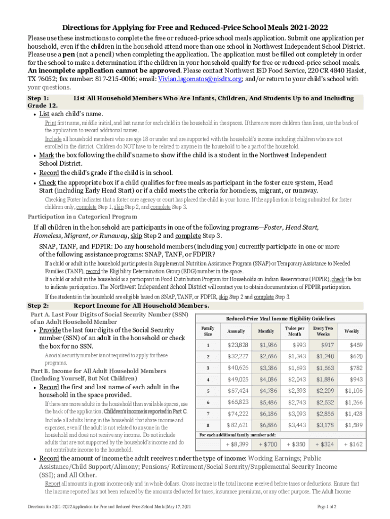 Fillable Online Free and Reduced Meal Application and Instructions Fax ...